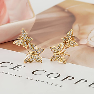 CZ Butterfly Studs Earrings - 14K Gold Plated CZ Pave Butterfly Earrings for Women，Good Gift for Sister,Lover (Gold - A)