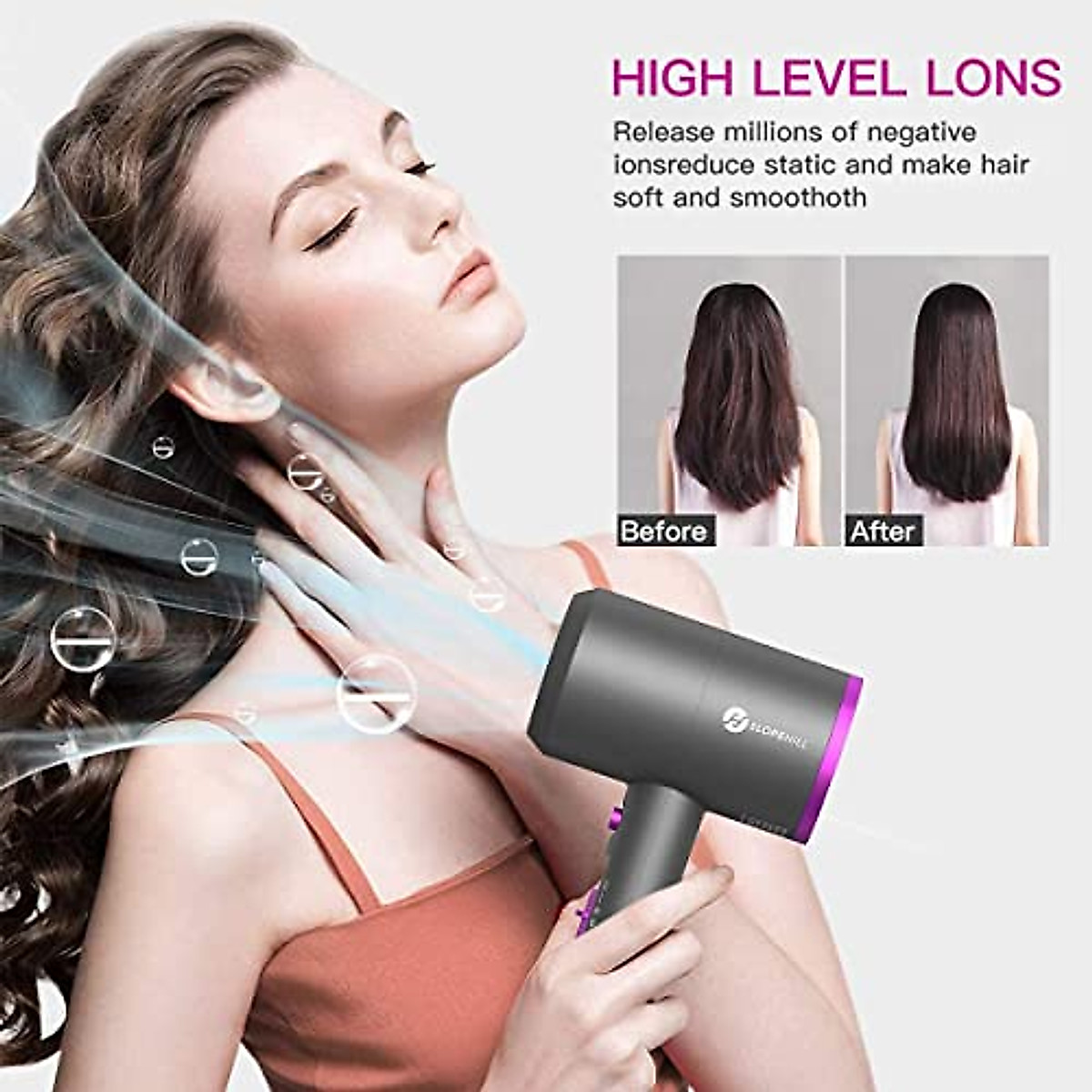 Professional Ionic Salon Hair Dryer, Slopehill Powerful 1800W Fast Dry Low Noise Blow Dryer with 2 Concentrator Nozzle 1 Diffuser Attachments for Home Salon Travel
