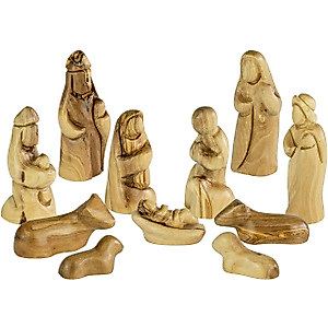 Holy Land Olive Wood Faceless Nativity Set from Israel, 12 Piece Unique Indoor Wooden Nativity Scene, Jesus Mary & Joseph Holy Family in the Manger Figurines, Seasonal Home Décor Accent for Christmas
