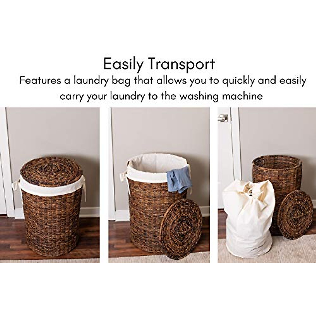 BirdRock Home Abaca Laundry Hamper with Liner - Round Clothes Bin with Lid - Organize Laundry - Cut-Out Handles for Easy Transport - Includes Machine Washable Canvas Liner (Espresso)