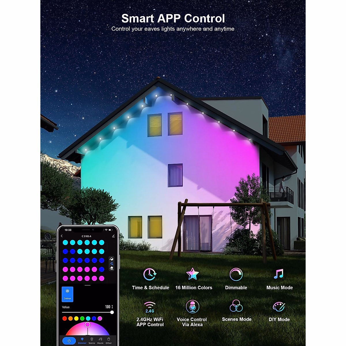 APPECK Permanent Outdoor Lights 100ft, Smart RGB Outdoor Lights with 72 LEDs, IP65 Waterproof LED Eaves Lights, 54 Scene Modes Lighting for Party, Daily, Halloween, Christmas, Roof, Garden, Patios