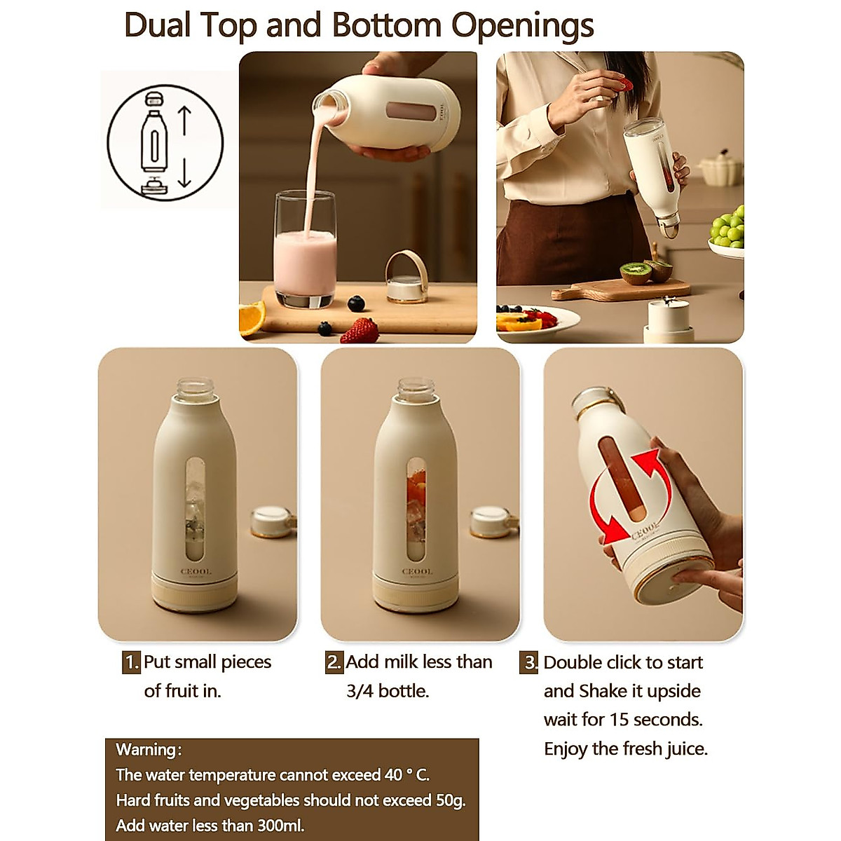 Walktosun Personal Blender for Smoothies,4-Blade Portable Blender Rechargeable with USB Charging Mini Juice Blender, 14oz Personal Blender for Sports Moves/Travel/Home/Gym