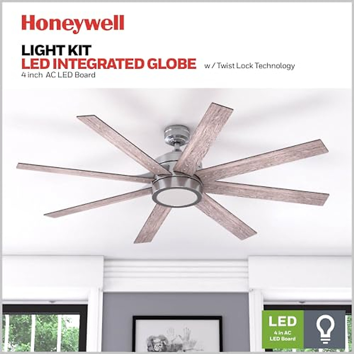 Honeywell Ceiling Fans Xerxes Modern 62 Inch Ceiling Fan with Light, Remote Control Fan, LED Indoor Fan with 8 Blades, French Oak and Gray Oak Blade Finish Options, Brushed Nickel (50608-01)