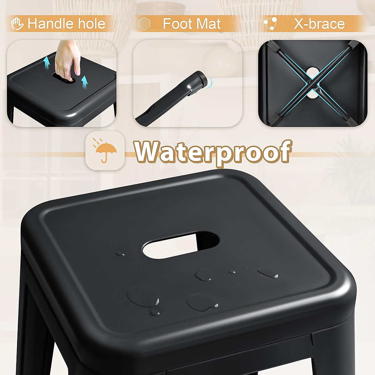 Furmax 30 Inches Metal Bar Stools Bar Height High Backless Stools Indoor Outdoor Stackable Kitchen Stools Set of 4 (Dark Black)