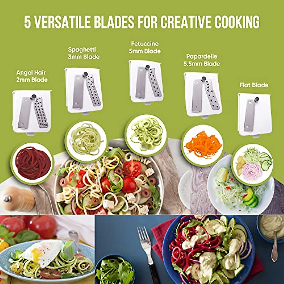 Brieftons 5-Blade Vegetable Spiralizer: Strongest-Heaviest Spiral Slicer, Best Veggie Pasta Spaghetti Maker for Low Carb/Paleo/Gluten-Free/Vegan Meals, With Extra Blade Caddy, 4 Recipe Ebooks