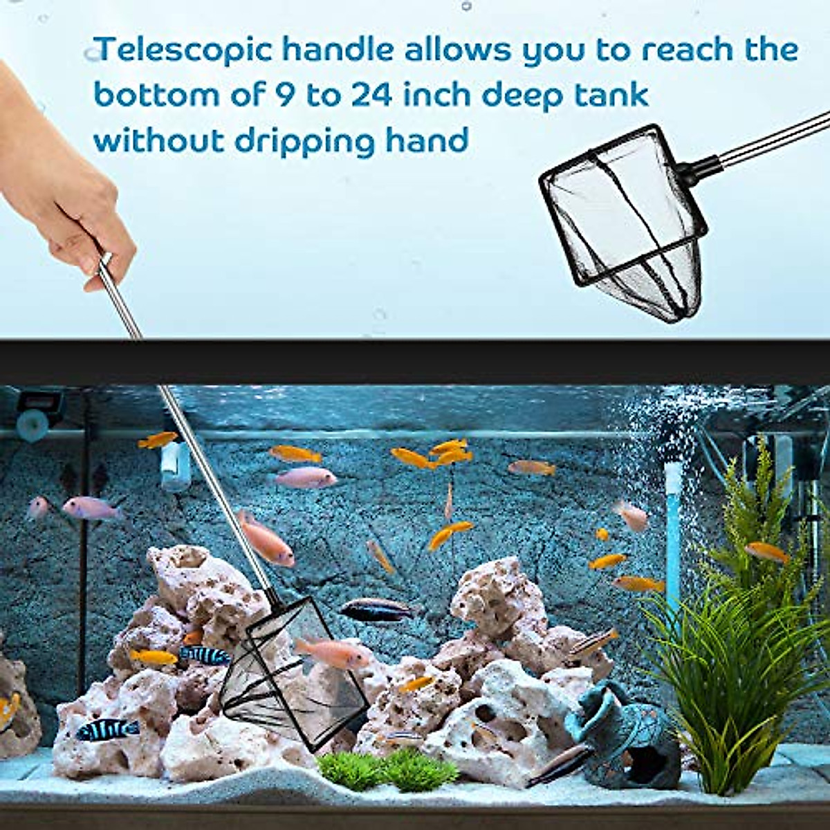 2 Pieces Mesh Fish Tank Net Aquarium Fish Net 4 Inch Stainless Steel Fish Net with Extendable 12.5-27.5 Inch Long Handle Fish Catch Nets Fish Tank Aquarium Accessories