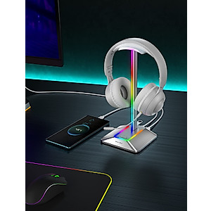 New bee RGB Headphone Stand with 1 USB-C Charging Port and 1 USB Charging Port, Desk Gaming Headset Stand with 7 Light Modes and Non-Slip Rubber Base Suitable for All Earphone Accessories (Silver)