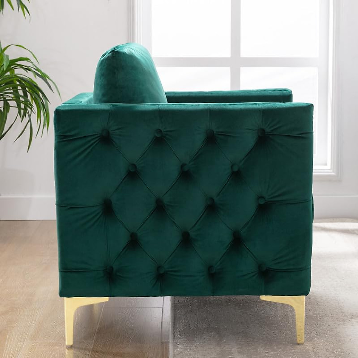 Modern Velvet Accent Chair, Tufted Button Armchair with Pillow and Decorative Nailheads Single Lounge Sofa Chair Club Chair with Steel Legs for Living Room Bedroom Office (Green)