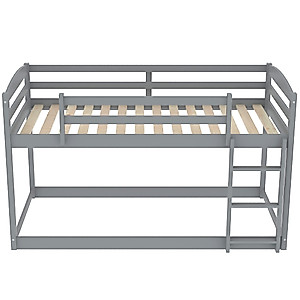 Harper & Bright Designs Low Bunk Bed Twin Over Twin, Wood Twin Bunk Bed Frame with Ladder and Guardrails, Kids Low Bunk Beds for Kids, Toddlers, Teens No Box Spring Needed (Gray)