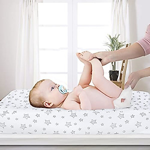 Waterproof Changing Pad Cover 2 Pack, 100% Cotton Change Table Cover Sheets, Ultra Soft, Unisex White Grey Star Print