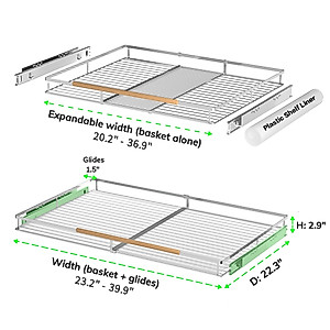 SOFRON Expandable Pull Out Drawer Cabinet Organizers, Heavy Duty Slide Out Storage Shelf for Home Kitchen Pantry Cupboard Pots Pans, Adjustable Width from 23.2"~39.9", Stainless Steel 2 Pack