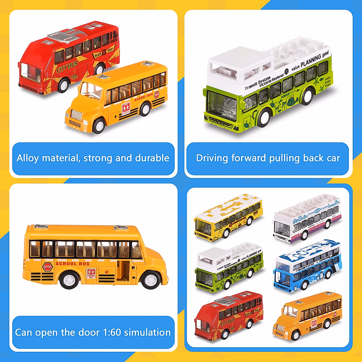 Hanaive 6 Pcs School Bus Toys Cars Set Die Cast Metal Little Cars City Bus Double Decker Friction Powered Cars Play Toys for Birthday Gift Vehicle with Opening Doors Education Bulk