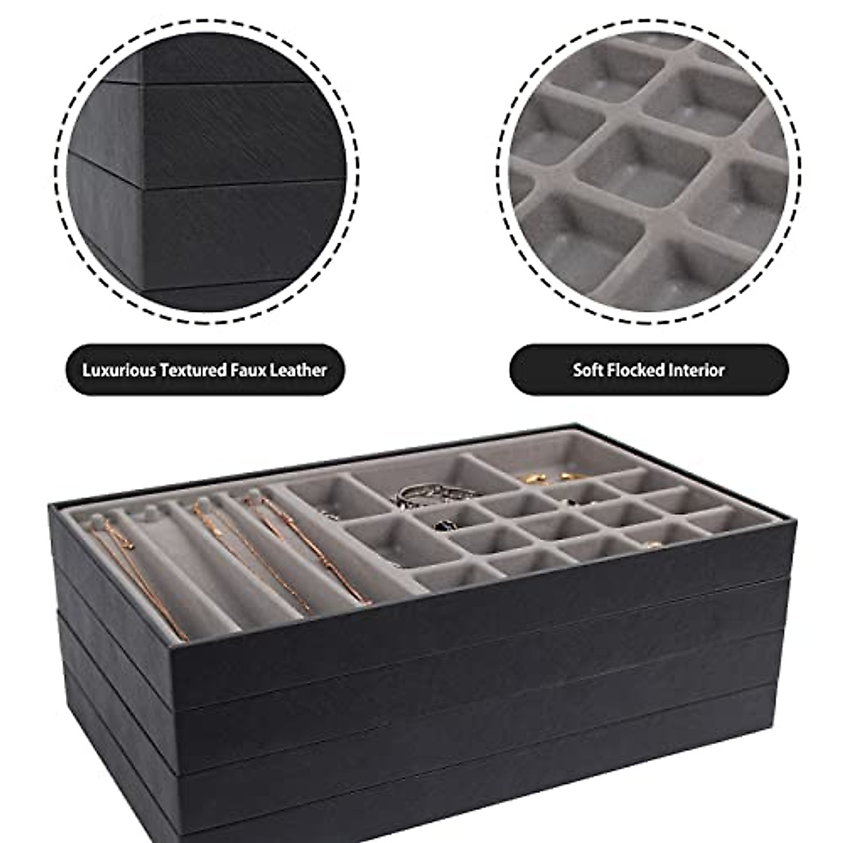 JACKCUBE DESIGN Stackable Synthetic Leather Jewelry Trays Organizer Jewelry Storage Display Earring Necklace Bracelet Ring Organizer for Drawer (Set of 4, Black)- MK212-1ABCD