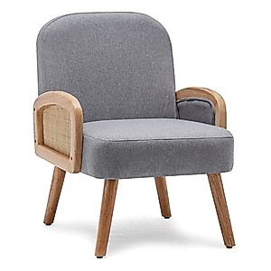 KVK Mid Century Modern Accent Chair, Upholstered Chairs with Bamboo Knitting and Solid Wood Legs, Comfy Linen Fabric Armchair for Club, Living Room, Reading Room, Bedroom, Gray (WJHM-079GR)