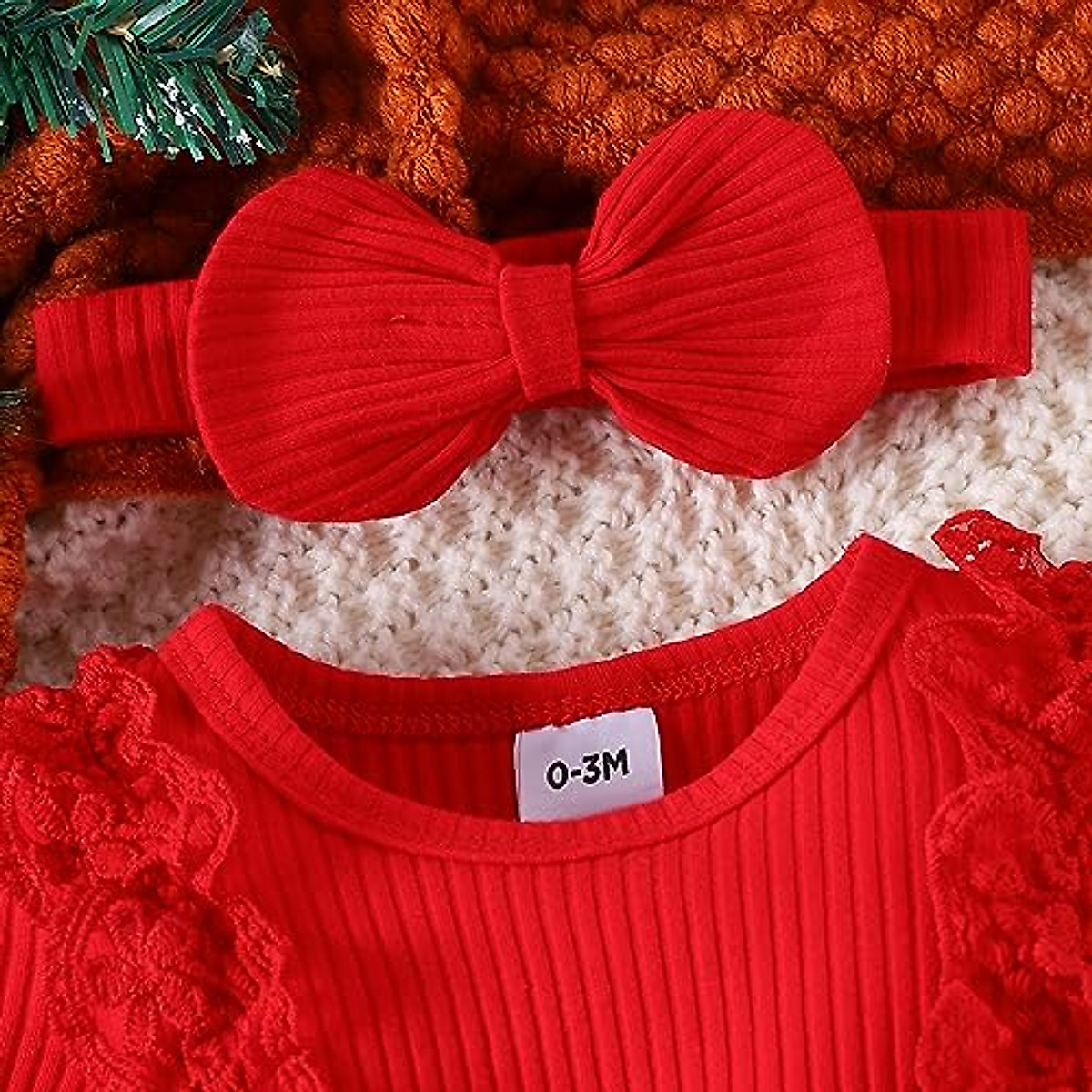 Mialoley Baby Girl Long Sleeve 2 Piece Outfit Knit Lace Patchwork Sweet Romper Dress Bowknot Plaid Bodysuit with Headband (Red, 9-12 Months)