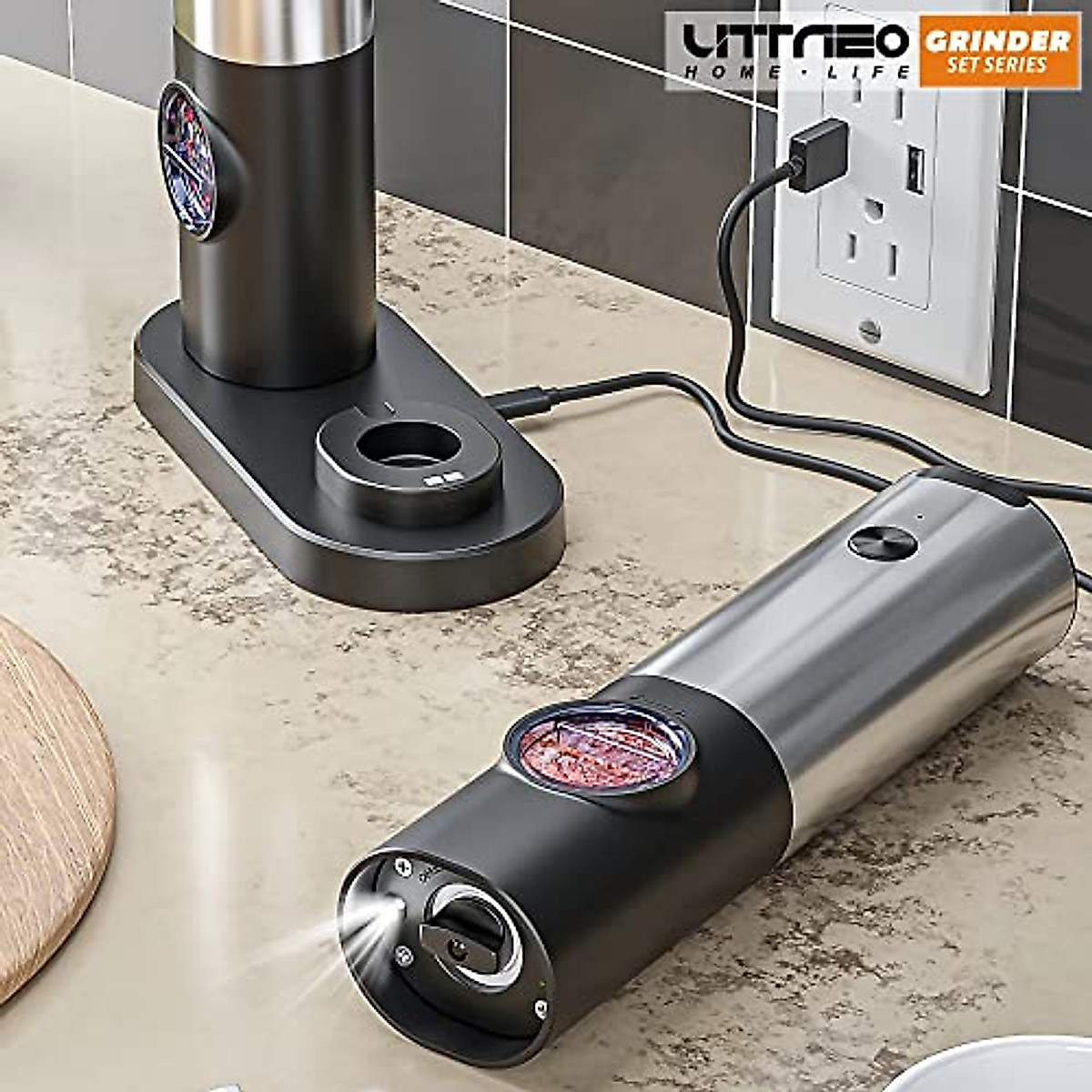Electric Salt and Pepper Grinder Set with Rechargeable Base, Stainless Steel Salt and Pepper Grinders/Mill with Adjustable Coarseness, Refillable Salt and Pepper Shakers with LED Light, a Pair
