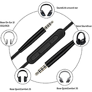 QC45 Replacement Audio Cable Cord for Bose QC25, QC35, QuietComfort 25, QuietComfort 35, On-Ear 2,OE2,OE2i, NC700, Soundlink, SoundlinkII Headphones with Inline Mic/Remote Volume Control (Black)