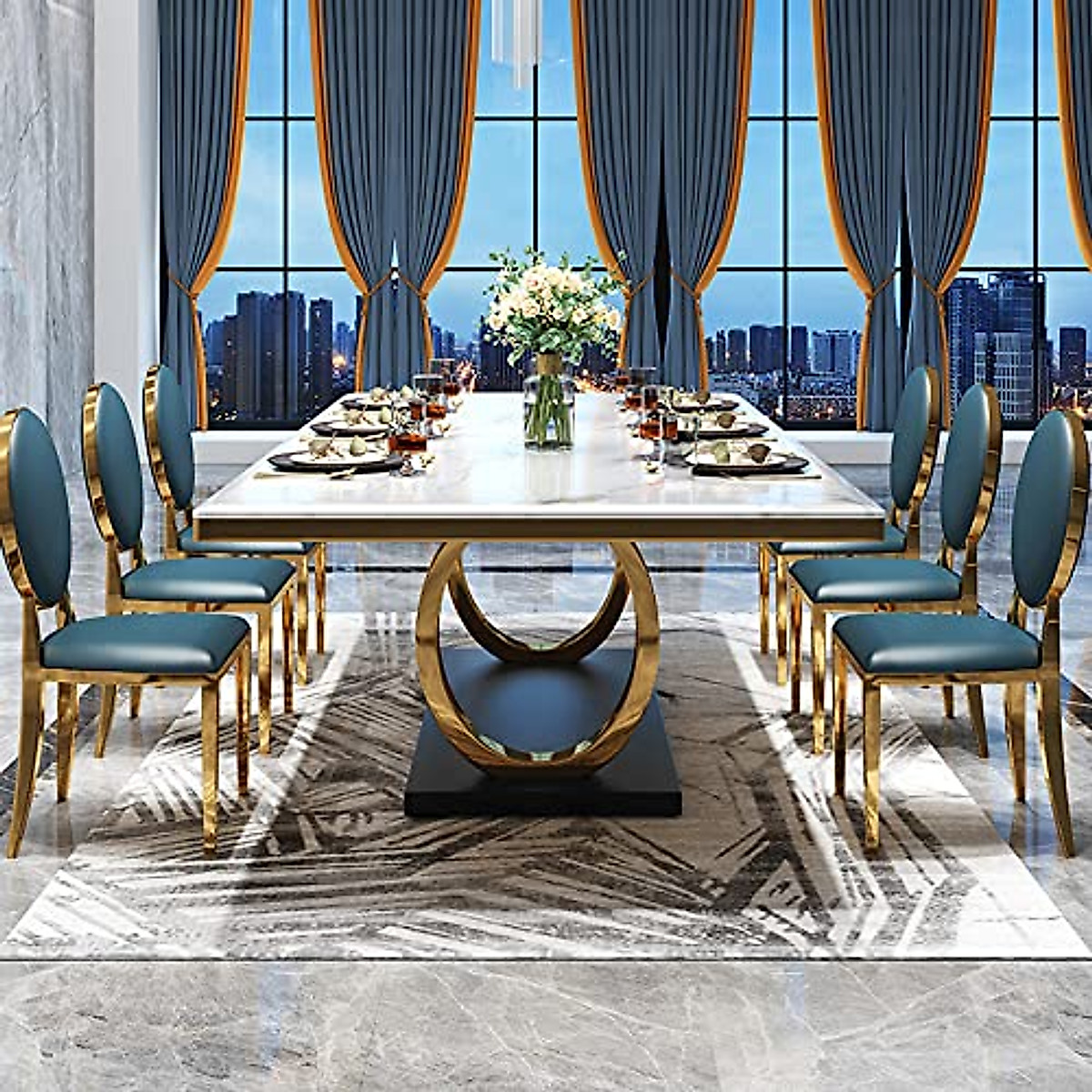 LITFAD Modern Style Marble Table with White Table and Gold Trestle Base Rectangle Shape Dining Table and Chairs for 6 Restaurant Table Set - 55.1" L x 31.5" W x 29.5" H Table with 6 Chairs