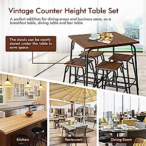 COSTWAY 5-Piece Bar Table Set Industrial Counter Height Square Table with 4-Piece Classic Backless Stools Space-Saving Vintage Dining Table Set for Apartment Breakfast Nook Easy Assembly Rustic Brown