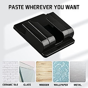 WZSANDS 4PCS Wall Mount Phone Holder with Adhesive, Phone Stand with Data Line Receiving Hole, Bed Side Shelf,Remote Control Stand, Use for Home,Office Black