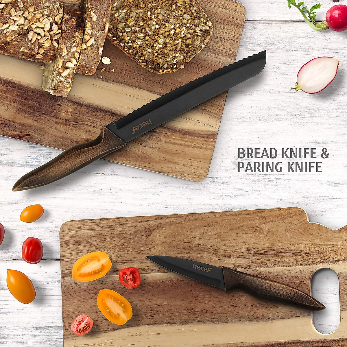 hecef Knife Set Black of 5 with 12 Inch Magnetic Knife Strip, Comes with Protective Blade Cover