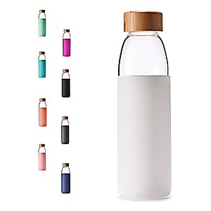 veegoal Glass Water Bottles 18 Oz Borosilicate with Bamboo Lid, BPA-FREE, Non-Slip Silicone Sleeve, and Stainless Steel Leak Proof Lid - Glass Water Bottle for Men and Women