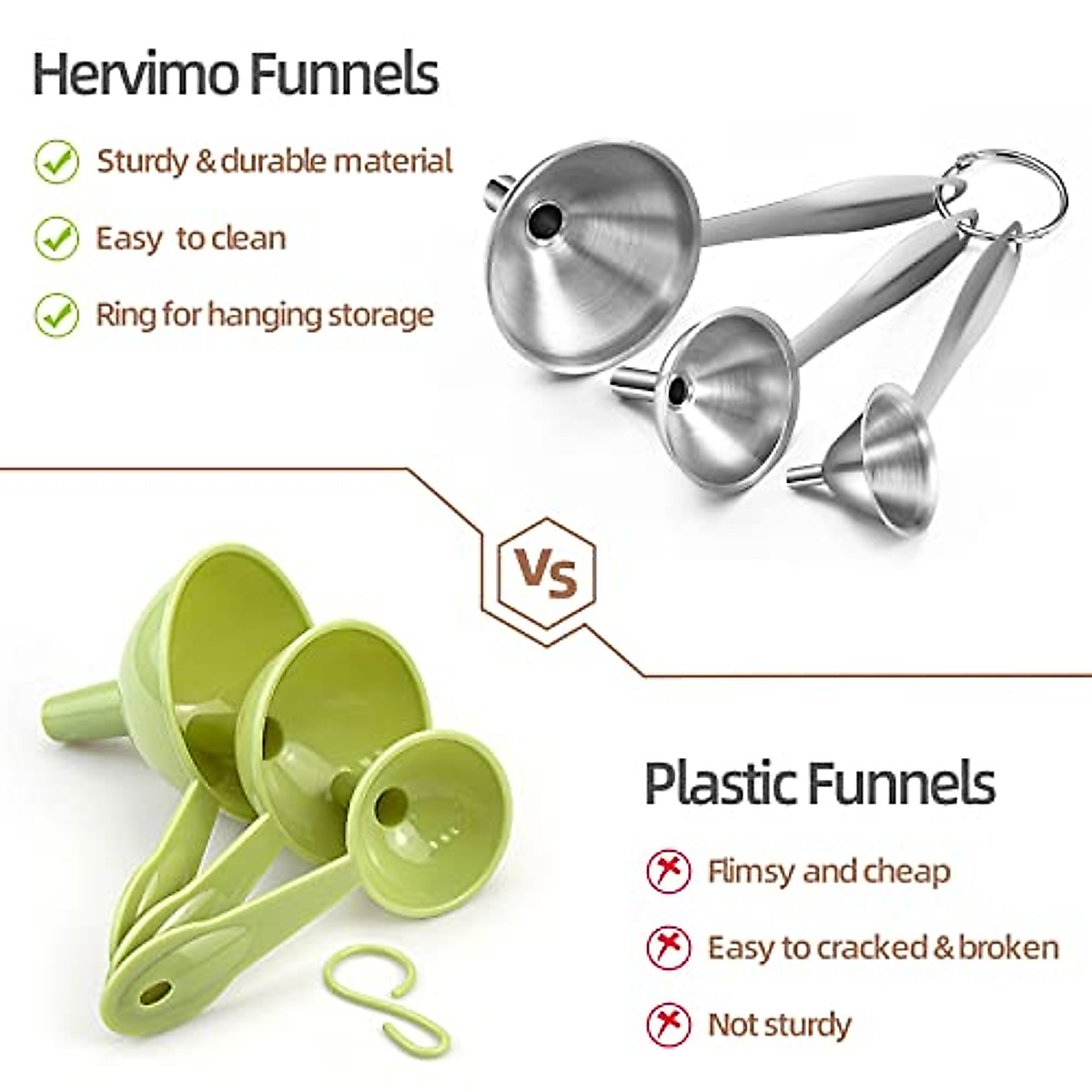 Funnels for Kitchen Use, Small Stainless Steel Funnels for Filling Bottles Transferring Essential Oil, Liquid, Spice, Dry Ingredients & Powder, Dishwasher Safe (Long-Handled Funnel)