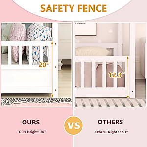 Wood Montessori Floor Bed Full Size, Full Floor Bed with Fence and Door, Full Size House Bed for Kids, Girls, Boys, White Montessori Bed Full Size