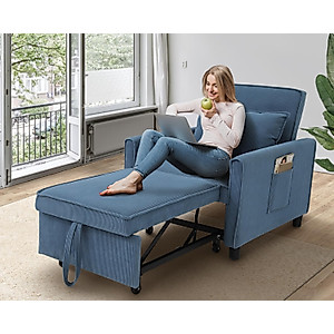 SEJOV Convertible Sofa Bed, 3 in 1 Couch Pull-Out Bed, Loveseat Sleeper Sofa Bed with 3 Adjustable Backrest, Recliner with Throw Pillow, Small Space for Living Room, Apartment, Bedroom, Blue