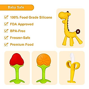 Baby Teething Toys, Silicone Baby Teether Soothe Babies Gums, Banana Toothbrushes, Fruit Shape Giraffe Teething Toys with Storage Case/Bpa-Free Teether Set for Toddler
