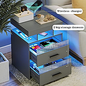 Dystler Nightstand with Charging Station and LED Lights All In One Night Stand with Drawers Bedside Table with USB Port & Outlets and Human Sensor Design Modern End Table for Bedroom Livingroom Office