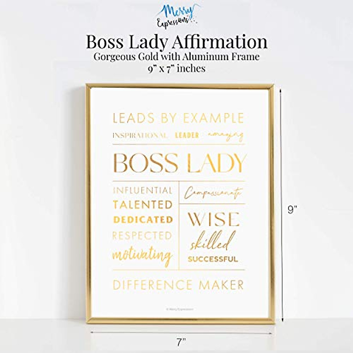 Merry Expressions Boss Lady Desk and Wall Art with Metal Frame - Boss Lady Office Décor, Boss Lady Gift with Boss Lady Quote (Gold, 7" x 9")