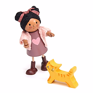 Tender Leaf Toys - Ayana and Her Cat - Wooden Miniatures Flexible Doll, Multicultural Action Figure for Dollhouse - Encourage Creative and Imaginative Fun Play for Children - Age 3+