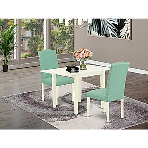 HomeStock Medieval Moods Dining Table Set 3 Pcs - 2 Kitchen Chairs and A Wood Dining Table - Linen White Finish Wood - Pond Color Pu Leather