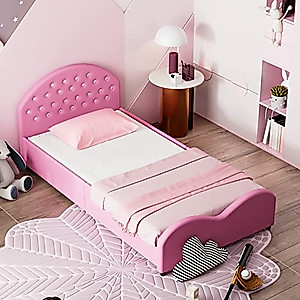 HONEY JOY Kids Twin Bed Frame with Headboard, Toddler Upholstered Platform Bed with Slatted Bed Base, No Box Spring Needed, Princess Wooden Single Bed for Baby Girls, Twin Size in Pink