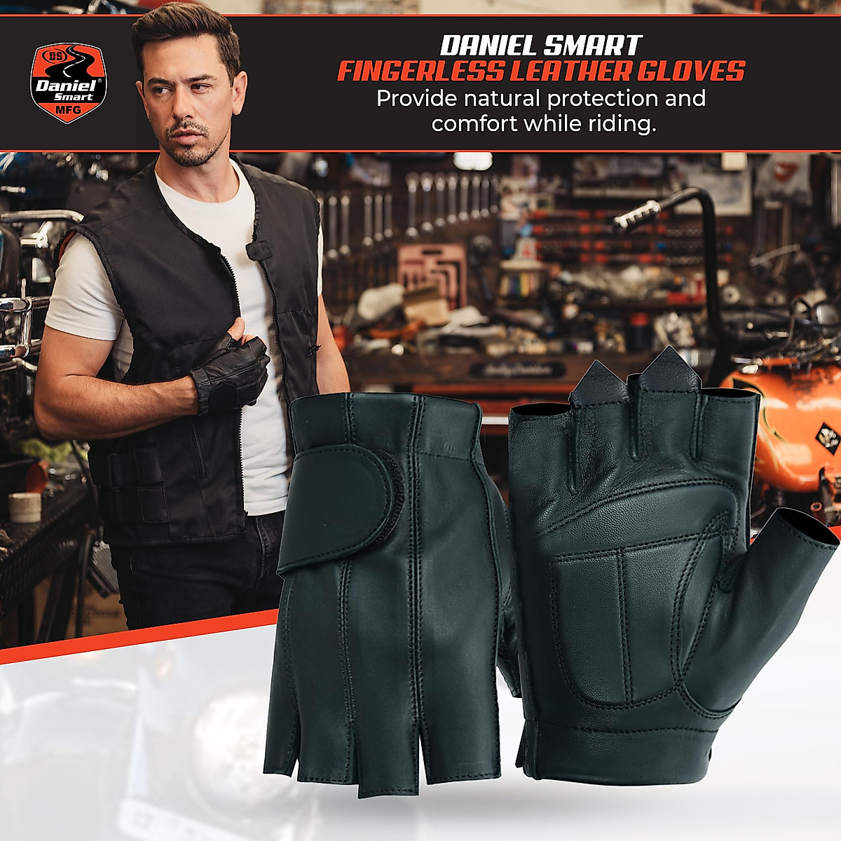 Daniel Smart Deerskin Leather Motorcycle Gloves for Men Fingerless Biker Gloves with Gel Palm and Wrist Strap