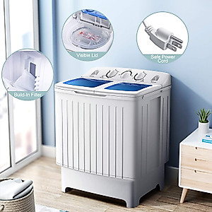 Giantex GT24267-PE 20lbs Spinner Combo, 12lbs 8lbs Spinning, Compact Twin Tub Mini Washer for Apartment RV Dorms, Blue & White Portable Washing Machine