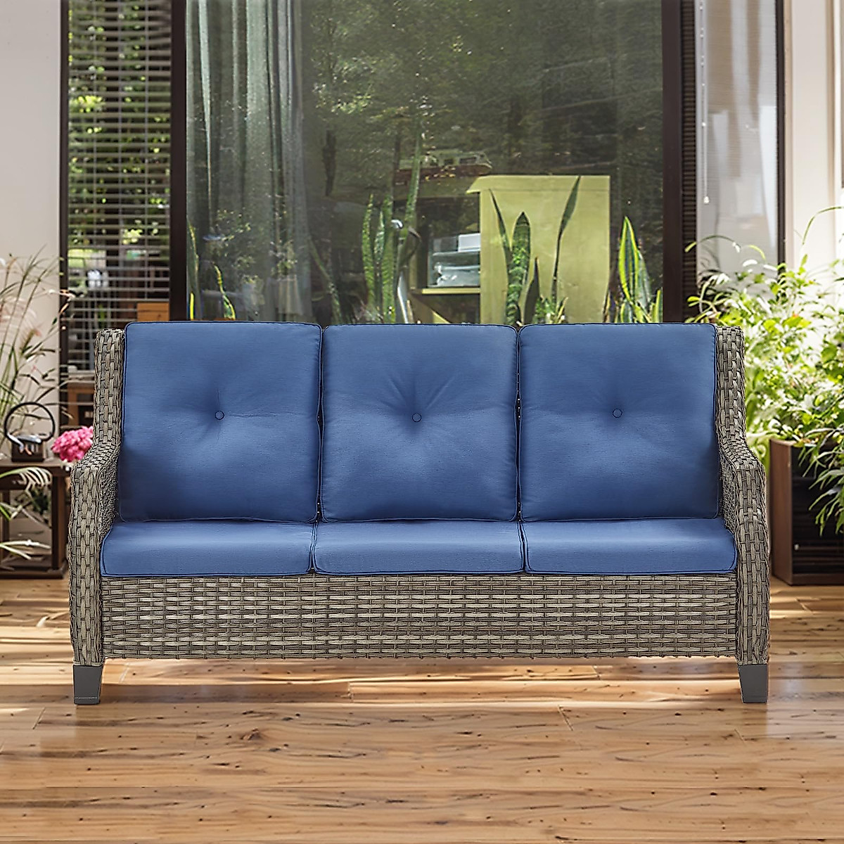 Bellefurn Patio Sofa Couch Outdoor Wicker Sofa PE Rattan 3-Seat Couch with Curved Armest Water Resistant Cushions for Garden Balcony Sunroom Poolside, Grey Wicker|Blue Cushions, Sofa(1PC)