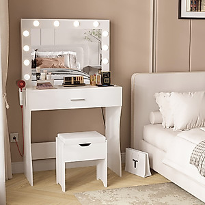 Titoni Vanity Table Set with Lighted Mirror - Makeup Vanity with Charging Station, Large Drawer Sturdy Wood Vanity with Lights, 3 Color Modes, Adjustable Brightness, White
