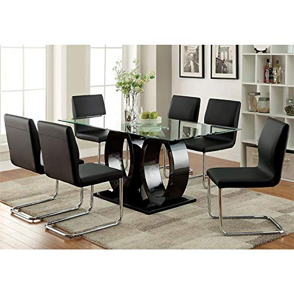 BOWERY HILL Contemporary Tempered Glass Top Double Pedestal Dining Table in Black