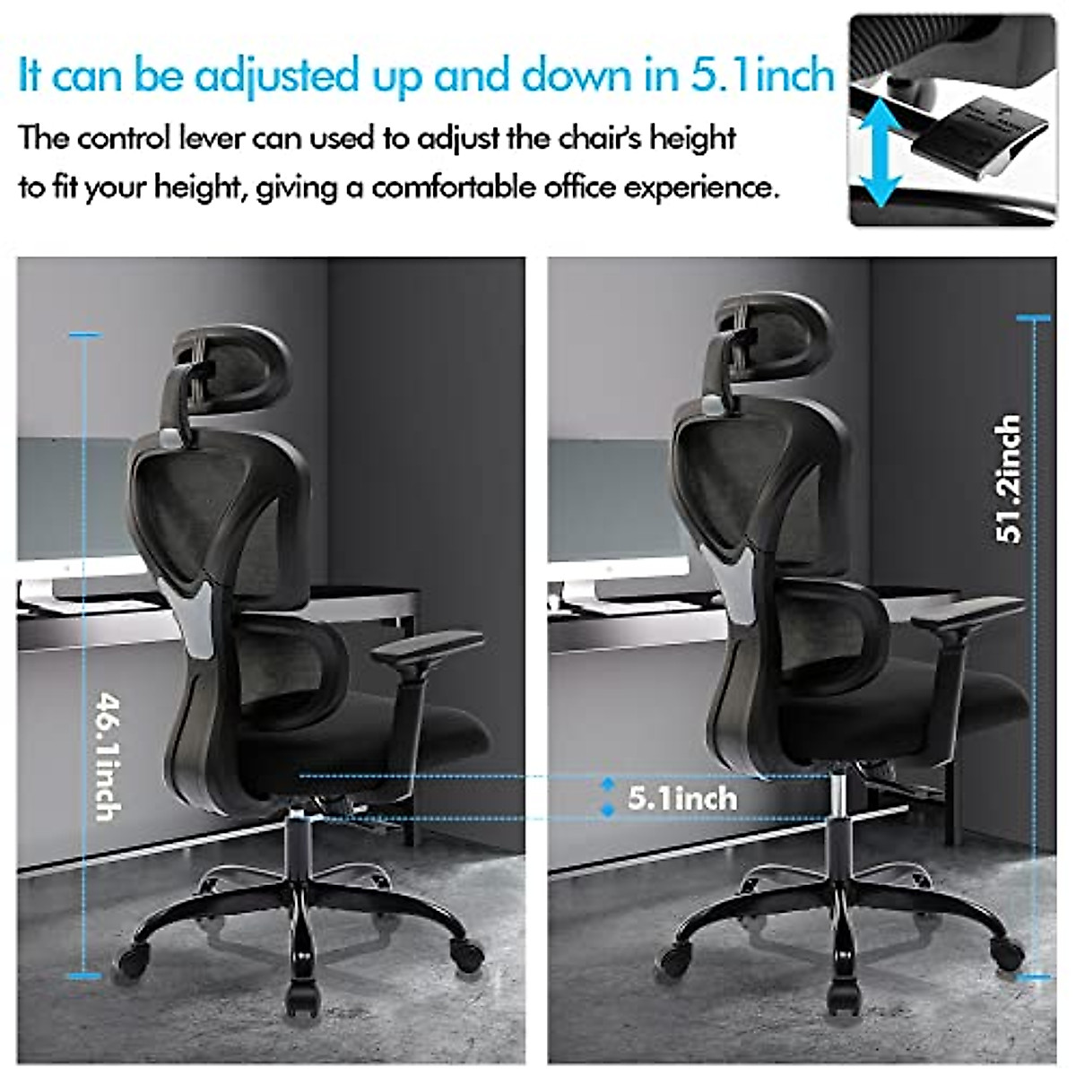 FelixKing Ergonomic Office Chair, Ergo 3D Computer Chair Breathable Mesh Desk Chair with Lumbar Support, High Back Gaming Chair with Adjustable Headrest and Armrests for Conference Room (Black)
