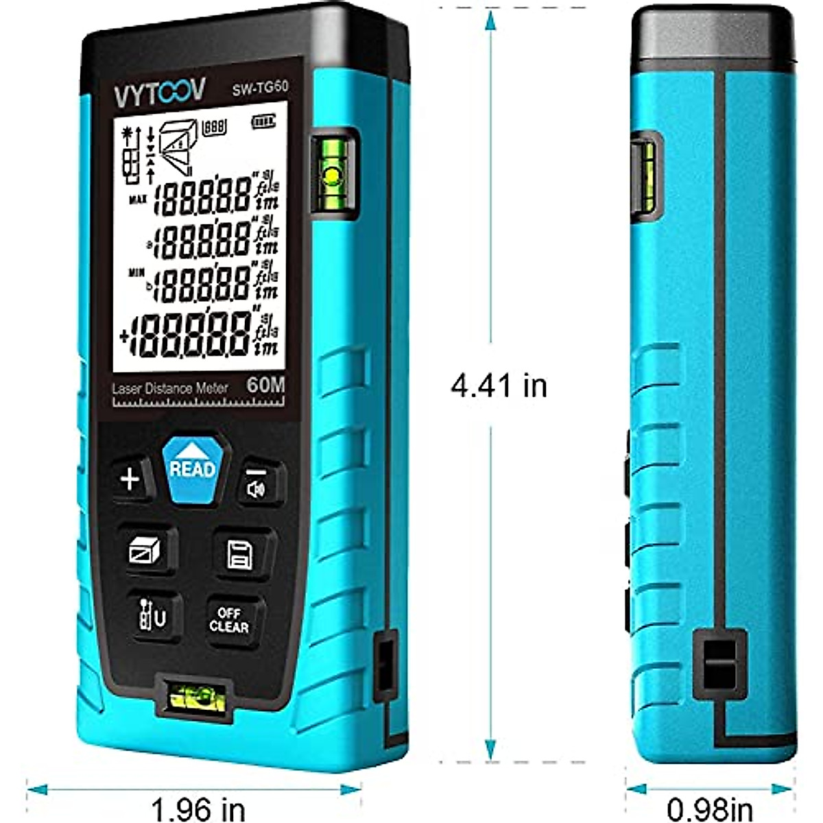 Laser Measure VYTOOV 196Ft Laser Distance Meter 2 Bubble Levels M/Ft/in Switching Laser Measurement Tool Measuring Distance, Area, Volume, Pythagoras, Large Backlit LCD, IP54 Dustproof & Waterproof