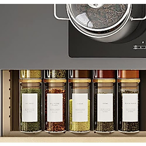 Decorium Interiors Bamboo Spice Jars (10 Pack, 6oz) – Glass Jars with Bamboo Lids - Spice Containers with Bamboo Lids w/ 105 Pre-Printed Labels – Lead-Free Bamboo Jars for Storing Spices & More