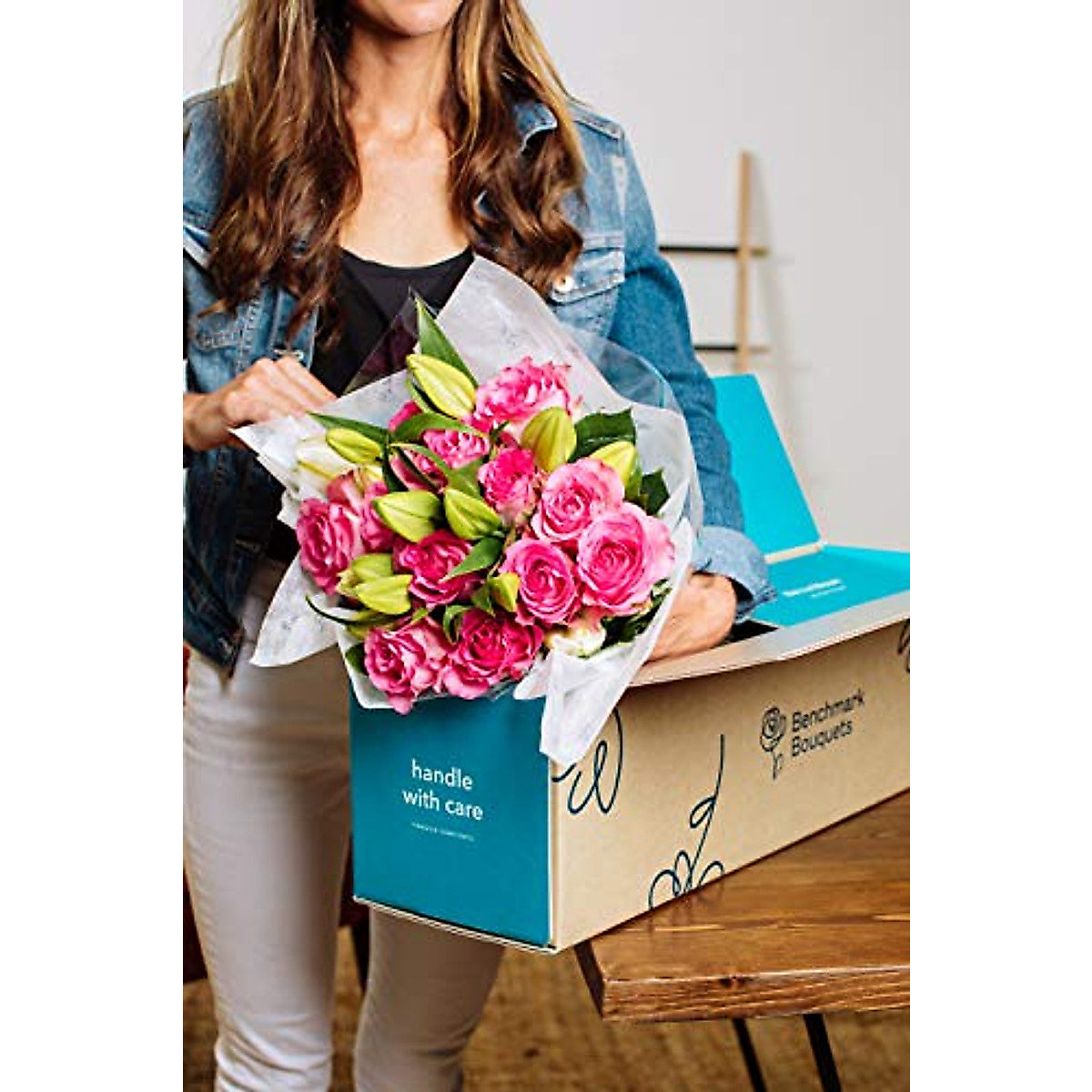 Benchmark Bouquets Pink Roses and White Lilies, With Vase (Fresh Cut Flowers)