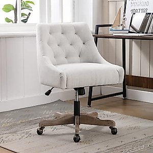 Swivel Home Office Chair, Modern Fabric Upholstered Tufted Accent Computer Desk Chair with Ergonomic Wide Backrest and Wooden Legs, Height Adjustable Swivel Vanity Chair for Office, Beige
