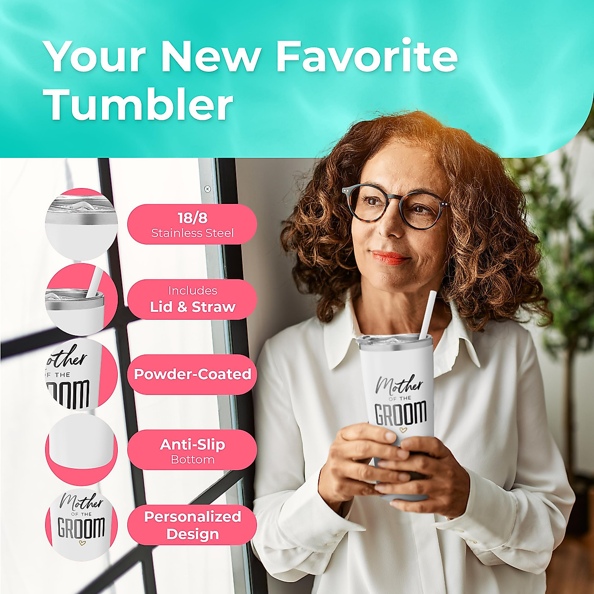 SassyCups Mother of the Groom Cup | Vacuum Insulated Stainless Steel Tumbler with Straw for Groom's Mom | Engagement Announcement | Travel Mug for Groom's Mothers | Bridal Party (22 Ounce, White)