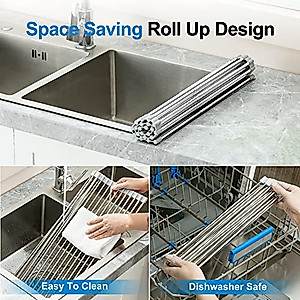CSUNNUFA Roll Up Dish Drying Rack, 12"-21" Expandable Over The Sink Dish Drying Rack Sink Dish Drainer, Portable Stainless Steel Rolling Drying Rack for Kitchen Sink (21"x14.6", Grey)