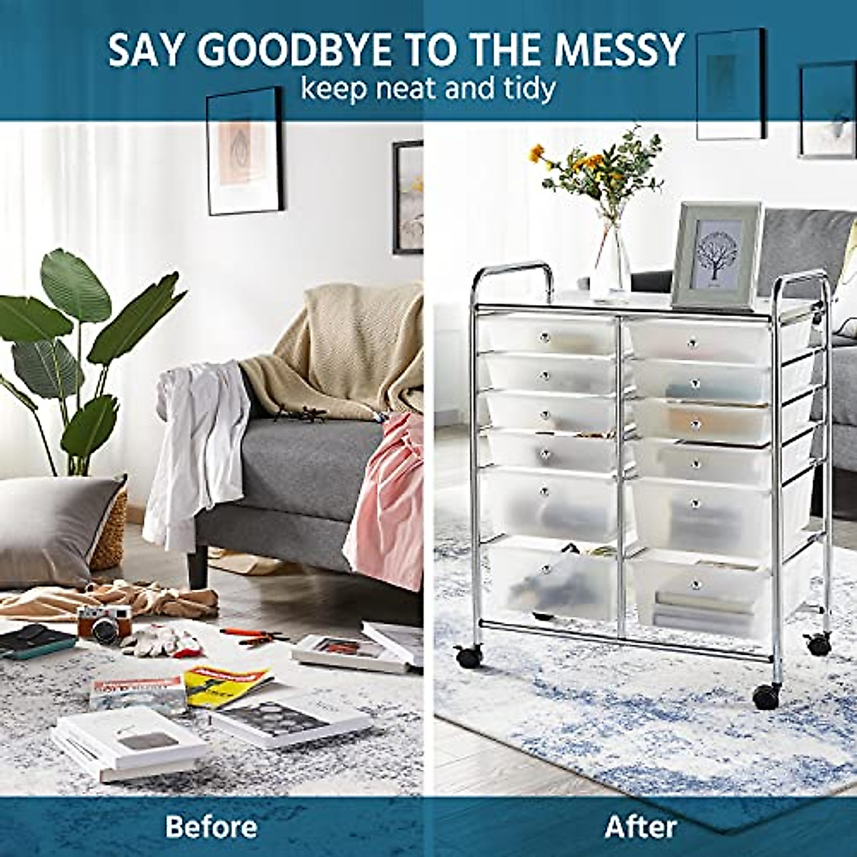 Yaheetech 12 Drawers Rolling Storage Cart Multipurpose Movable Organizer Cart Storage Bin Trolley Tools Scrapbook Paper Organizer on Wheels, White