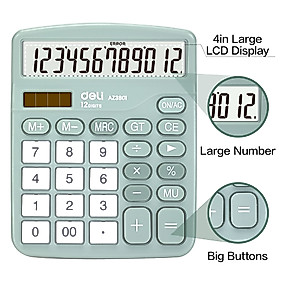 Calculator, Deli Standard Function Desktop Calculators with 12 Digit Large LCD Display and Sensitive Button, Solar Battery Dual Power Office Calculator, Green
