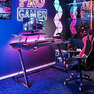 MOTPK Gaming Desk with LED Lights, Small Gaming Table Desk 39 inch Z Shaped, Gamer Desk Ergonomic Sturdy, Kids Computer Desk with Monitor Stand Cup Holder and Headphone Hook, Black, Gift Idea
